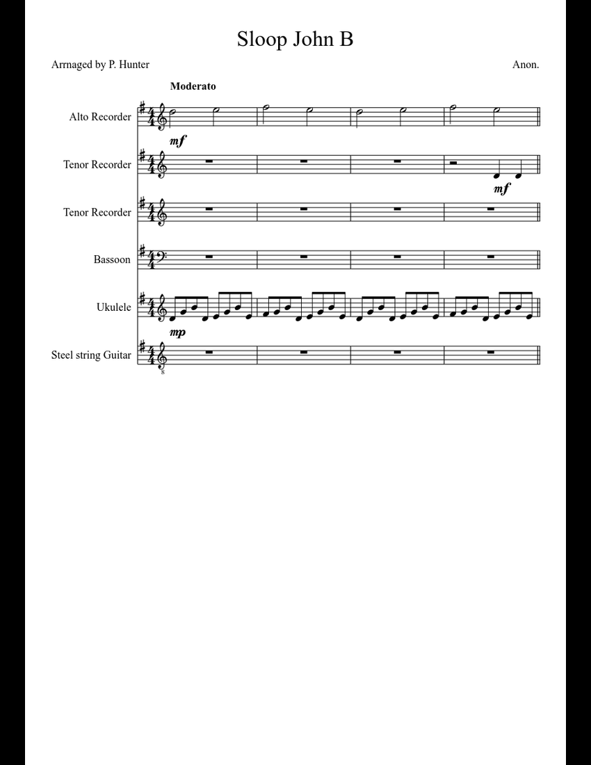 Sloop John B sheet music for Recorder, Bassoon, Guitar download free in PDF or MIDI