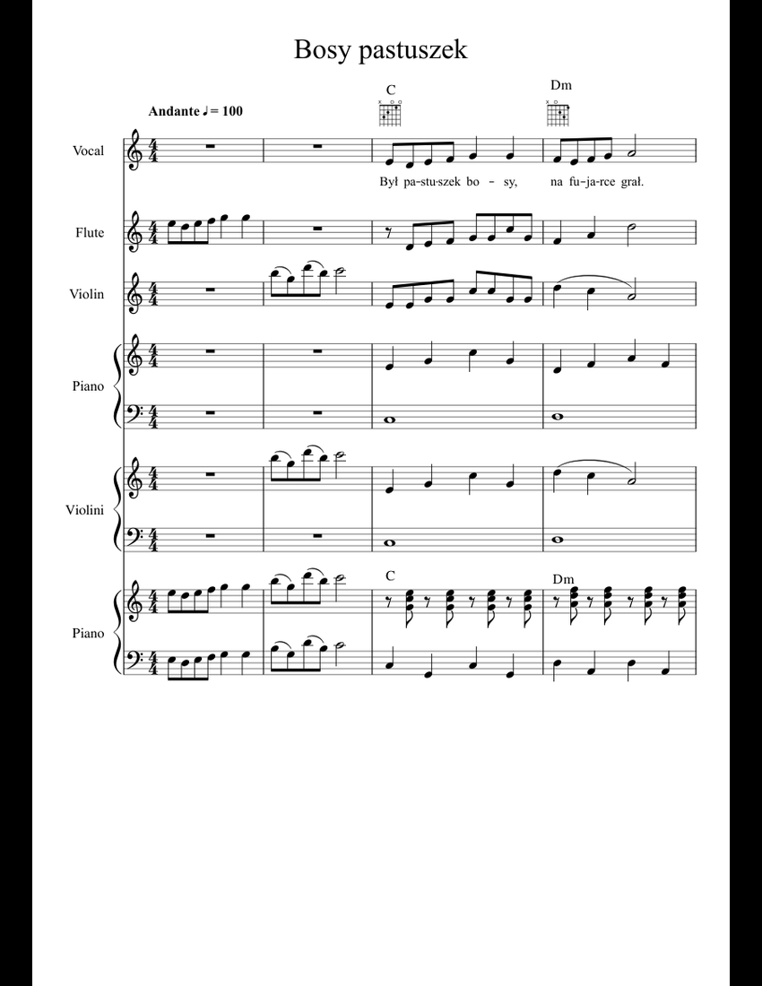 Bosy pastuszek sheet music for Flute, Violin, Piano, Percussion ...