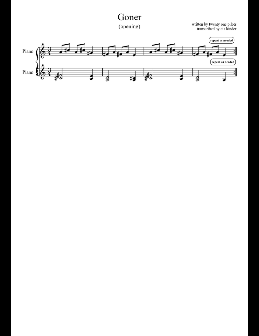 Goner by twenty one pilots (opening measures) sheet music for Piano ...