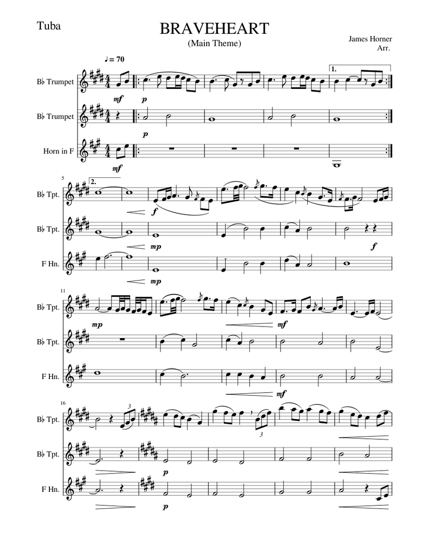 BRAVEHEART Main Theme Brass trio Sheet music for Trumpet, French Horn ...