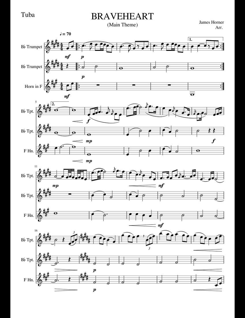 BRAVEHEART Main Theme Brass trio sheet music for Trumpet, French Horn ...
