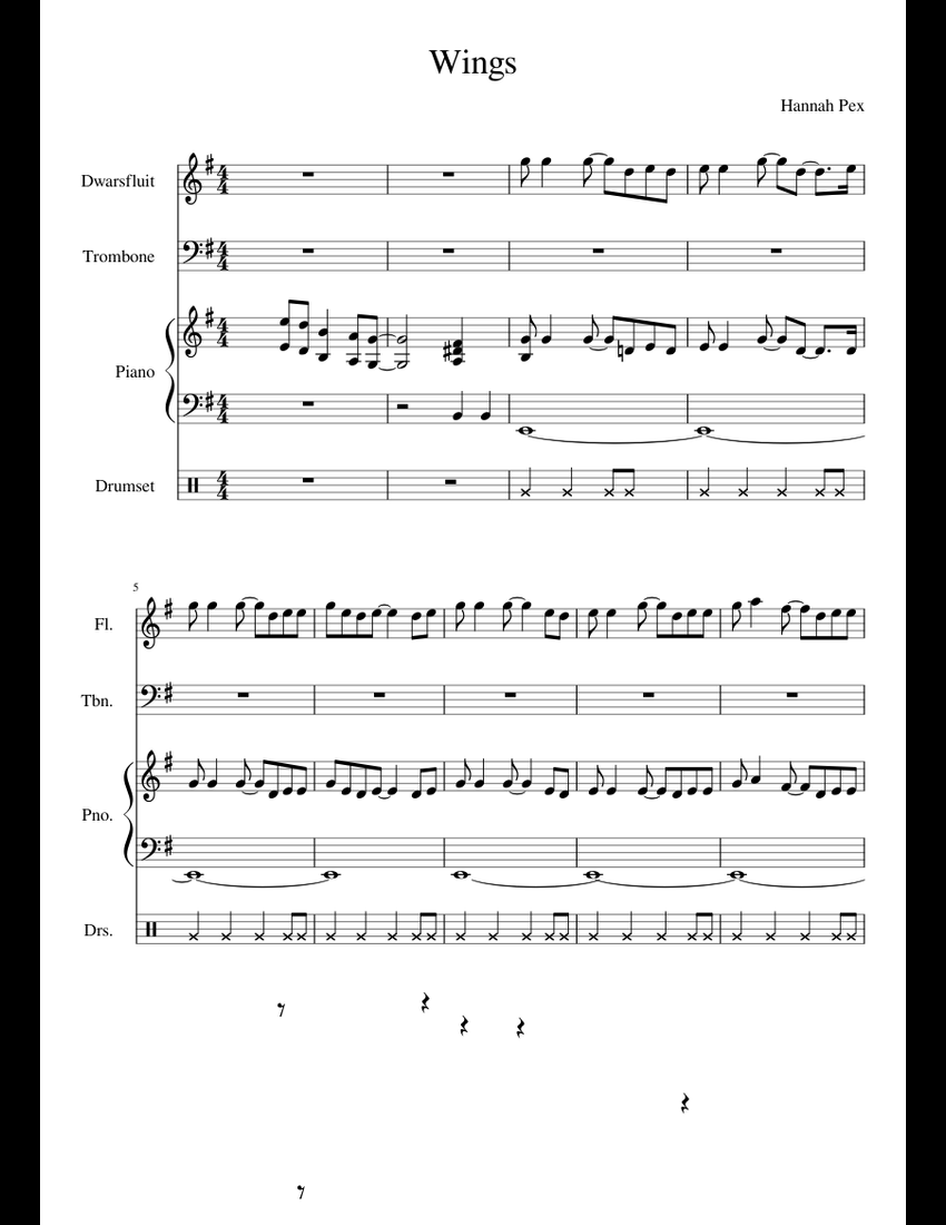 Wings 5 sheet music for Flute, Piano, Trombone, Percussion download ...