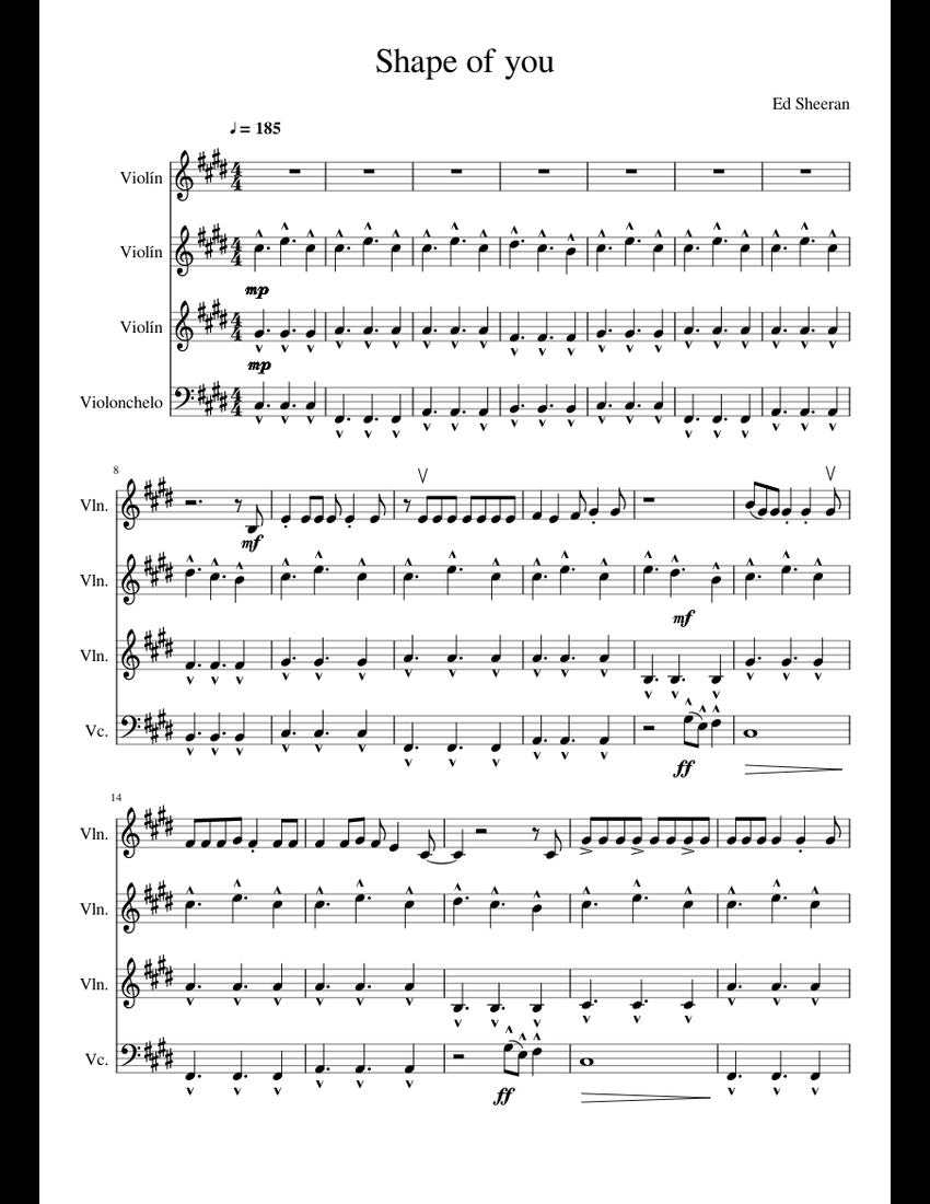 Shape of you cuarteto sheet music for Violin, Cello download free in ...