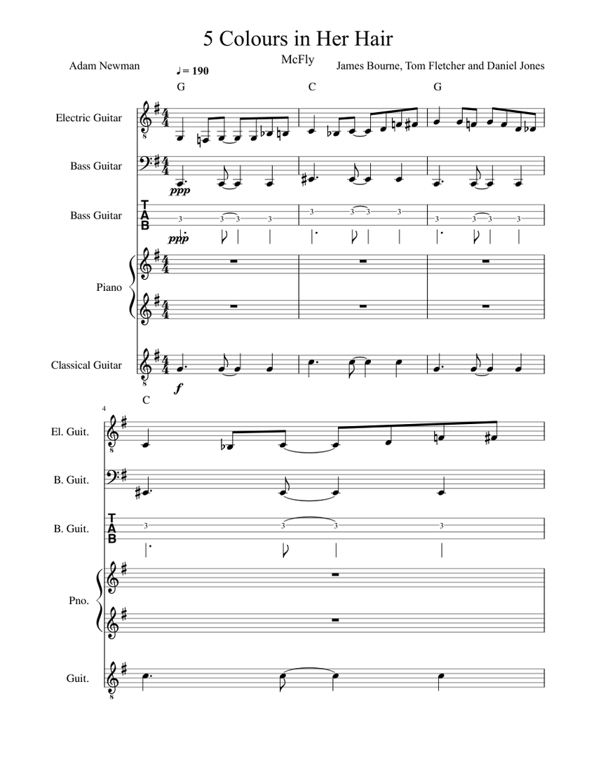 Five colours in her hair Sheet music for Piano, Guitar, Bass | Download ...