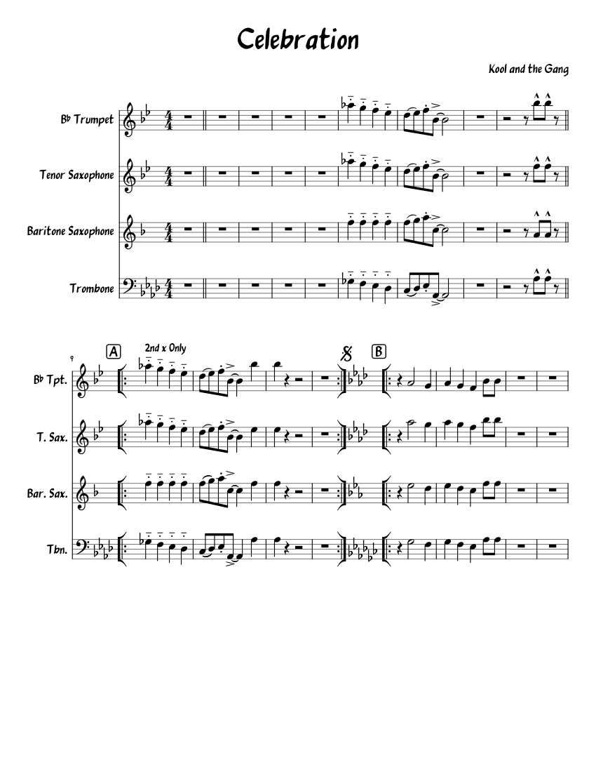 Celebration Sheet music for Trumpet (In B Flat), Trombone, Saxophone (Tenor), Saxophone ...