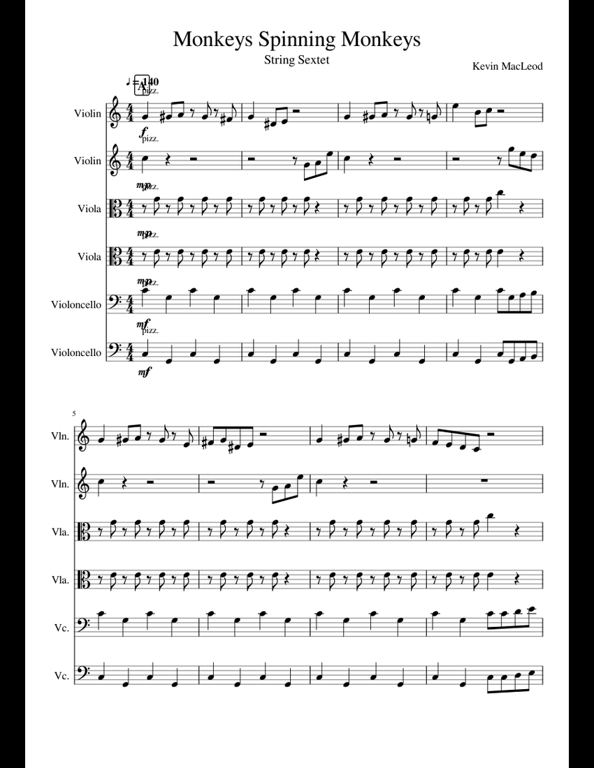 Monkeys Spinning Monkeys | Kevin MacLeod sheet music for Violin, Viola ...