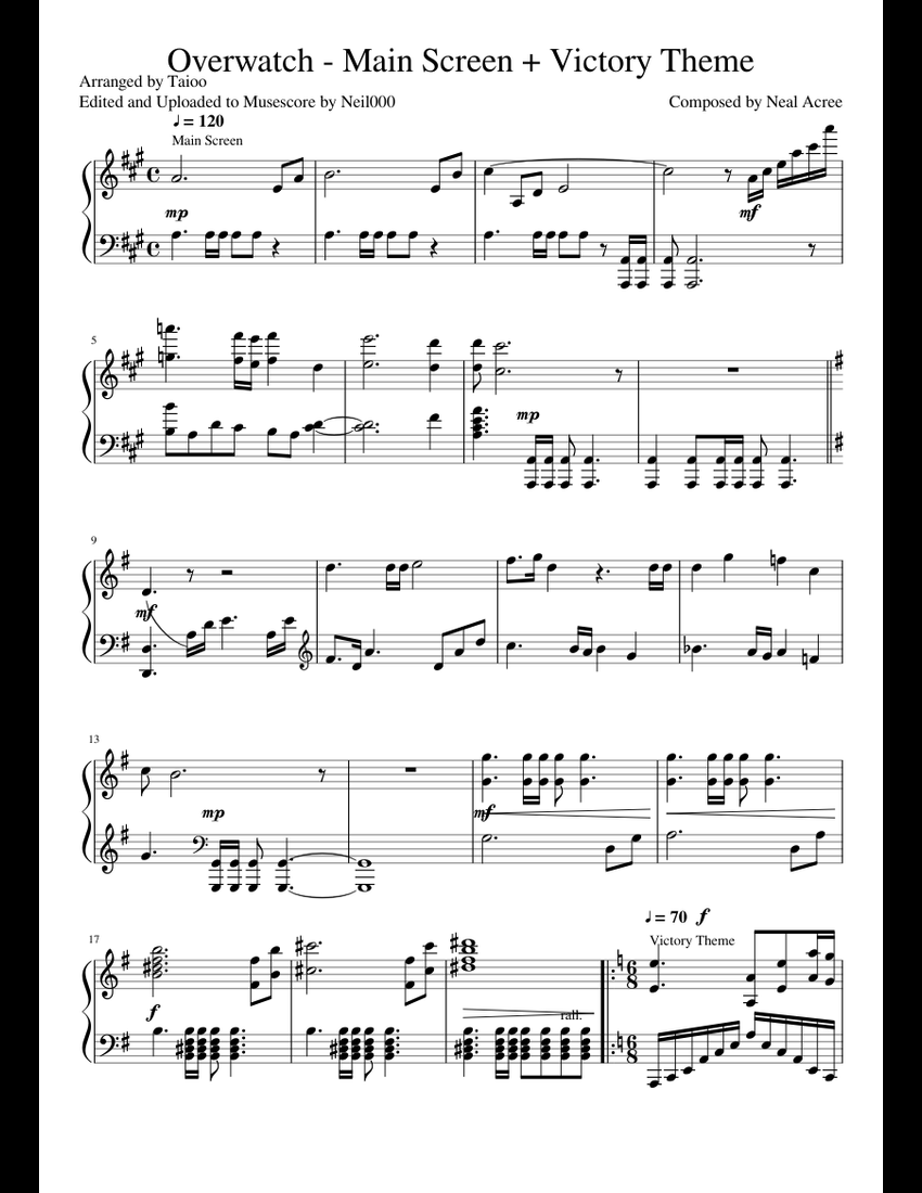 Overwatch - Main Screen + Victory Theme(by Taioo) sheet music for Piano ...