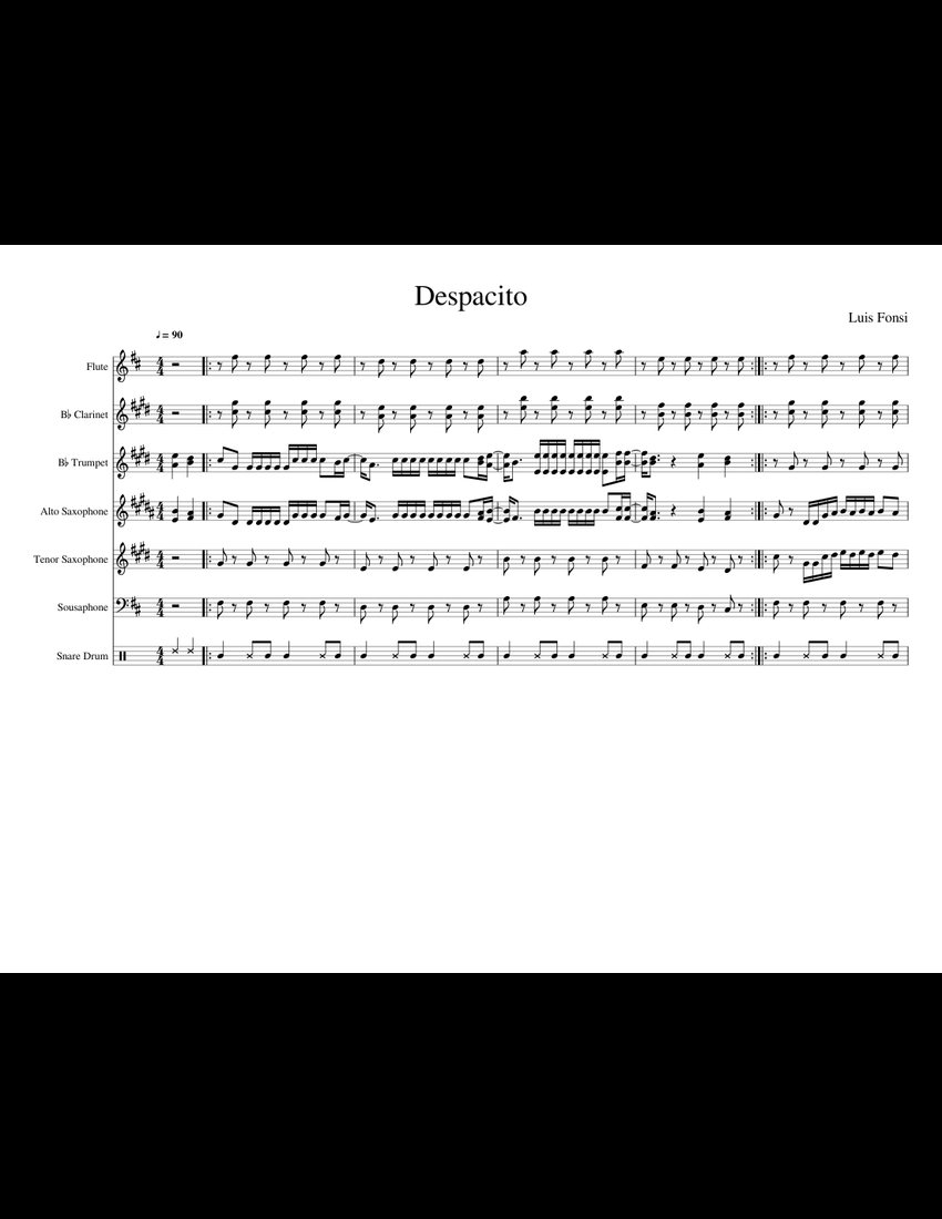 Despacito sheet music for Flute, Clarinet, Trumpet, Alto Saxophone ...