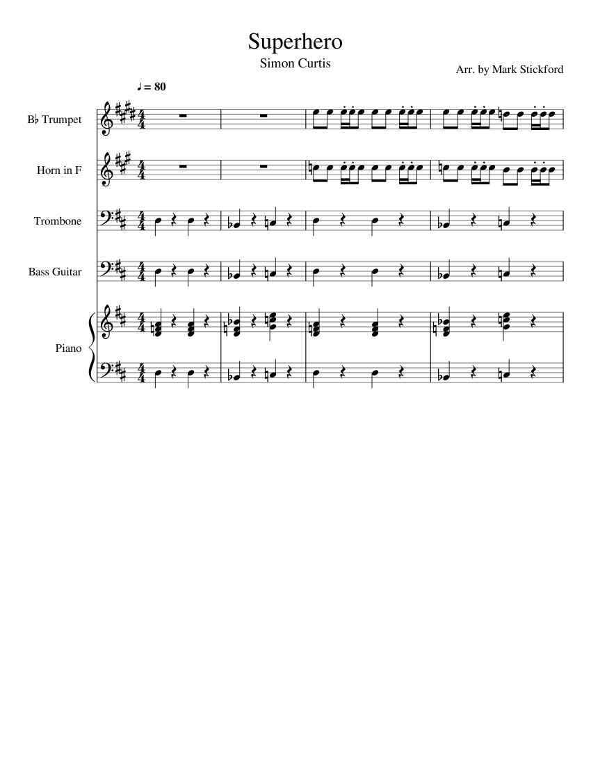 Superhero Sheet music for Piano, Trumpet (In B Flat), Trombone, French ...