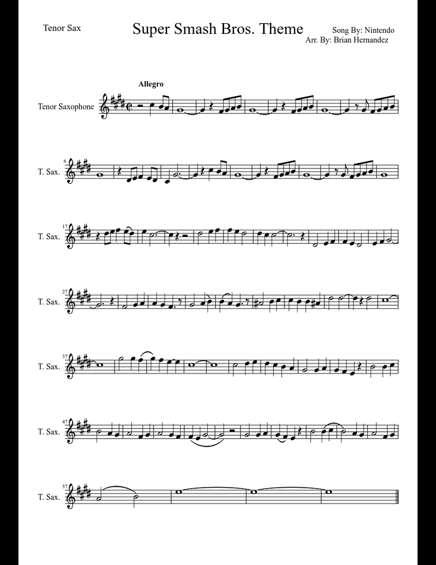 Super Smash Bros. Theme sheet music for Tenor Saxophone download free ...