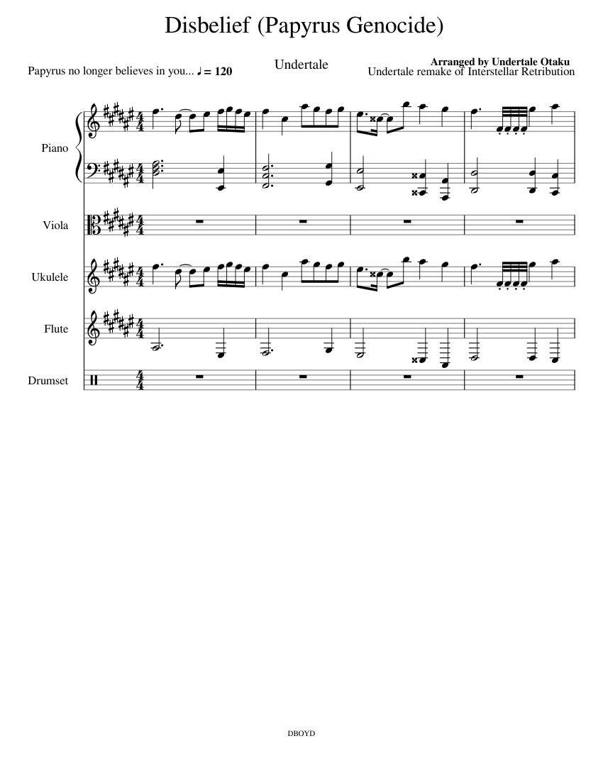 Disbelief (aka Papyrus Genocide) sheet music for Piano, Flute, Viola ...
