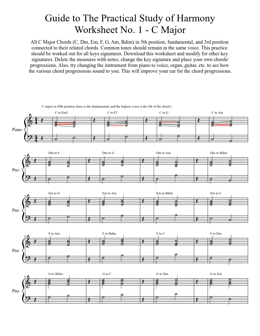 Guide to The Practical Study of Harmony - Worksheet No. 1 (C Major ...