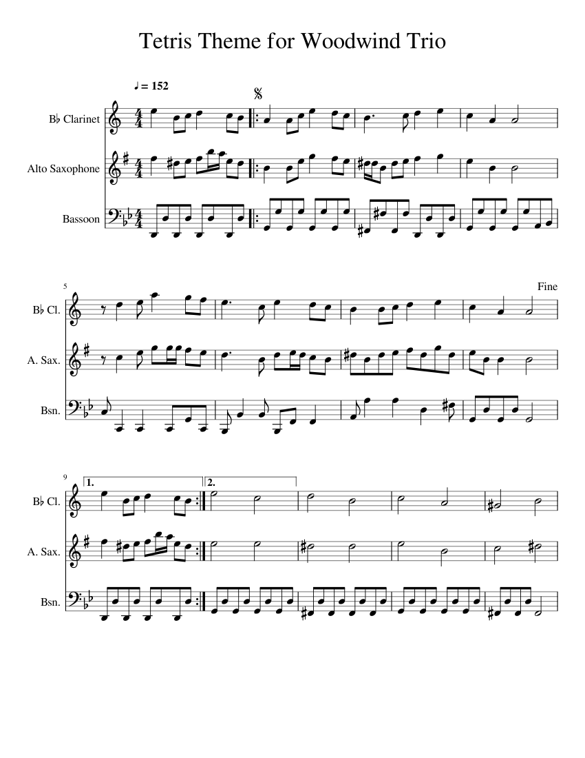 Tetris Theme for Woodwind Trio sheet music for Clarinet, Alto Saxophone ...