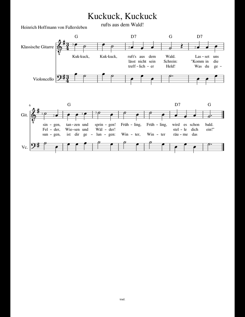 Kuckuck, Kuckuck sheet music for Guitar, Recorder, Cello download free ...