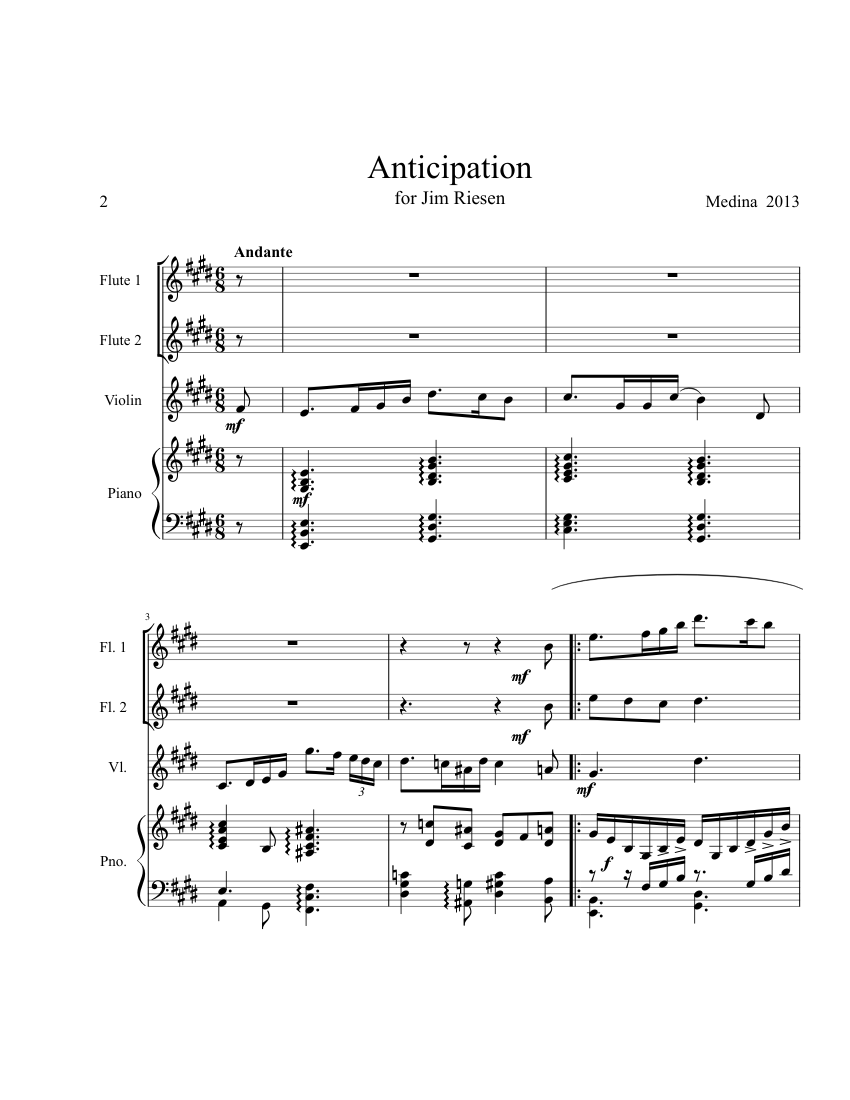 Anticipation Sheet music for Piano, Violin, Flute (Mixed Quartet ...