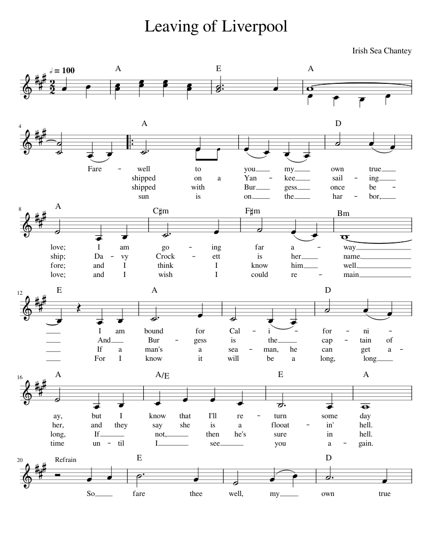 Leaving of Liverpool sheet music for Piano download free in PDF or MIDI