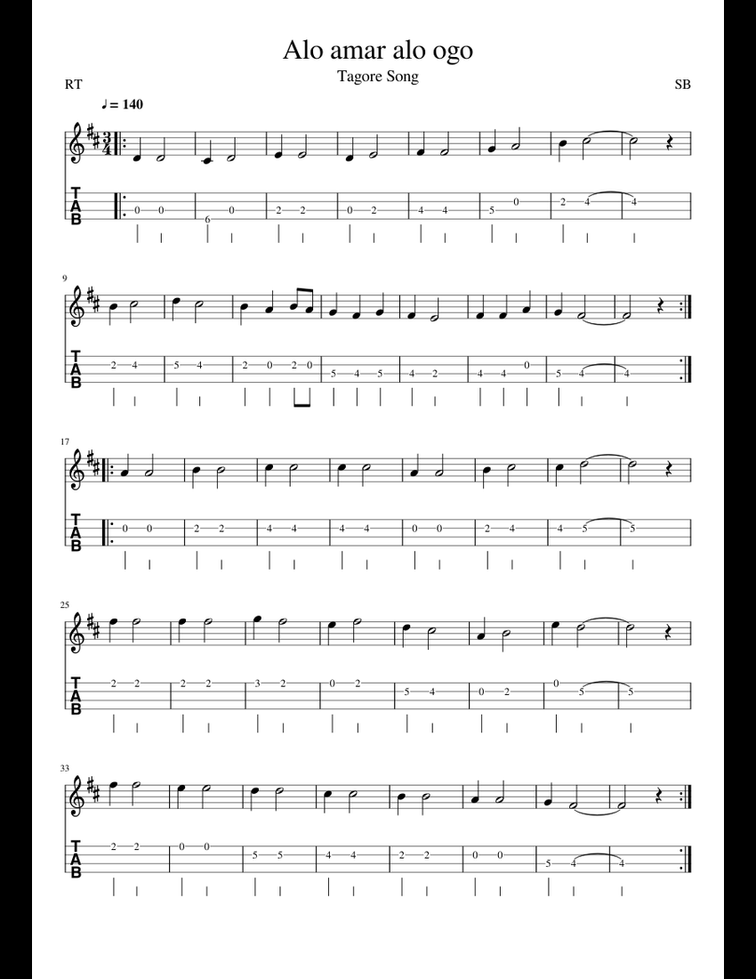 Alo amar alo ogo sheet music for Guitar download free in PDF or MIDI