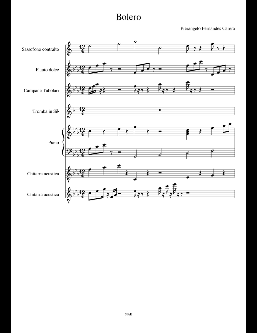 Bolero sheet music for Piano, Alto Saxophone, Recorder, Percussion ...
