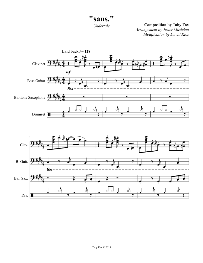 Undertale - "sans." sheet music for Bass, Baritone Saxophone ...