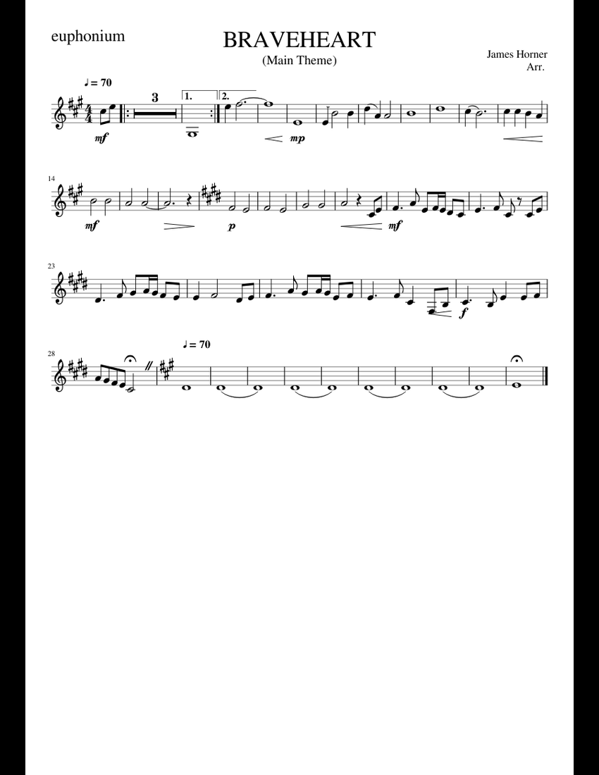 BRAVEHEART Main Theme Brass Quintet origin euphonium sheet music for ...