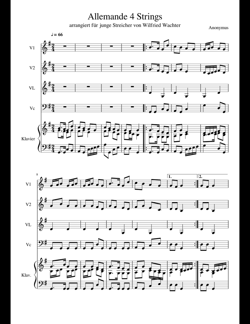 Allemande 4 Strings sheet music for Violin, Piano, Strings, Cello ...