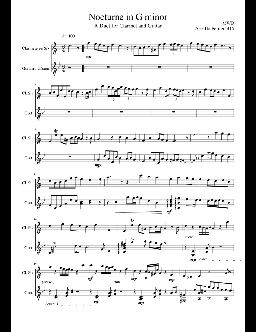 Nocturne in G minor for Bb Clarinet and Guitar sheet music for Clarinet ...