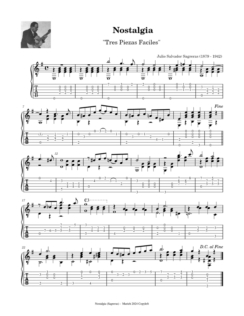 Nostalgia - Julio Salvador Sagreras (1879 - 1942) - Tablature sheet ...