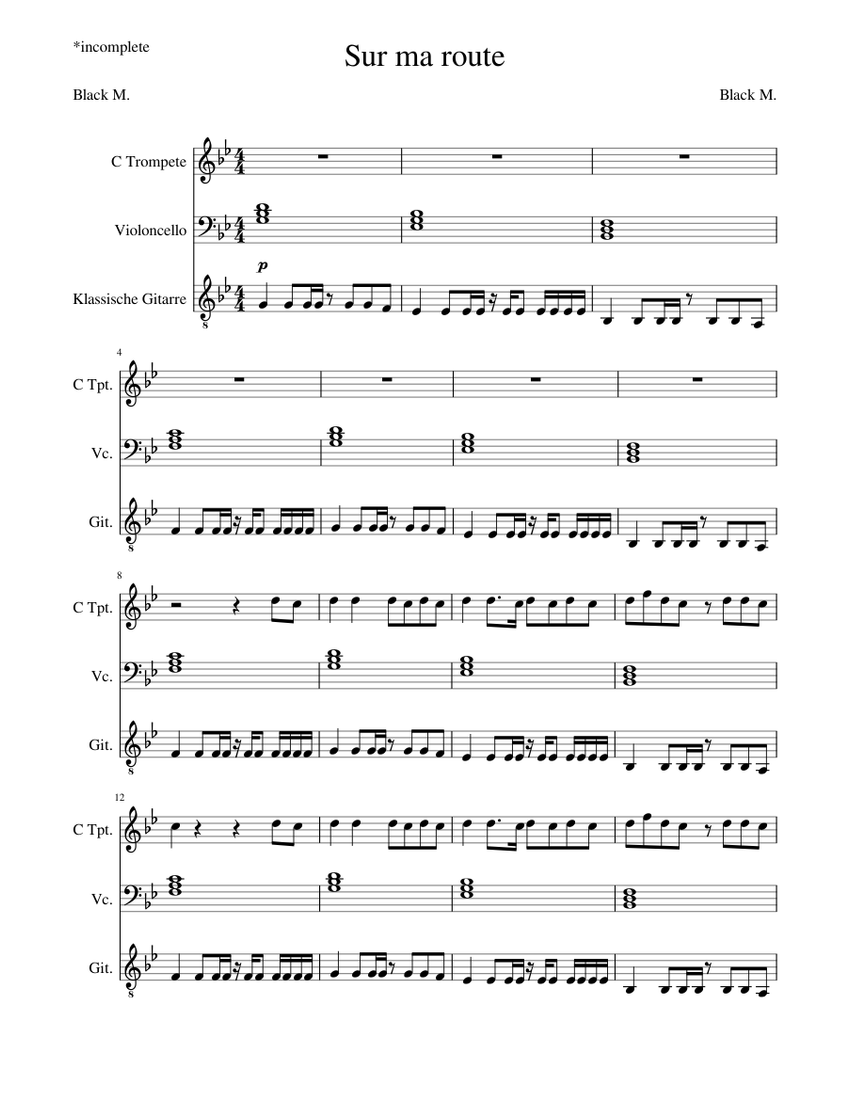 Sur ma route Sheet music for Trumpet, Cello, Guitar | Download free in ...