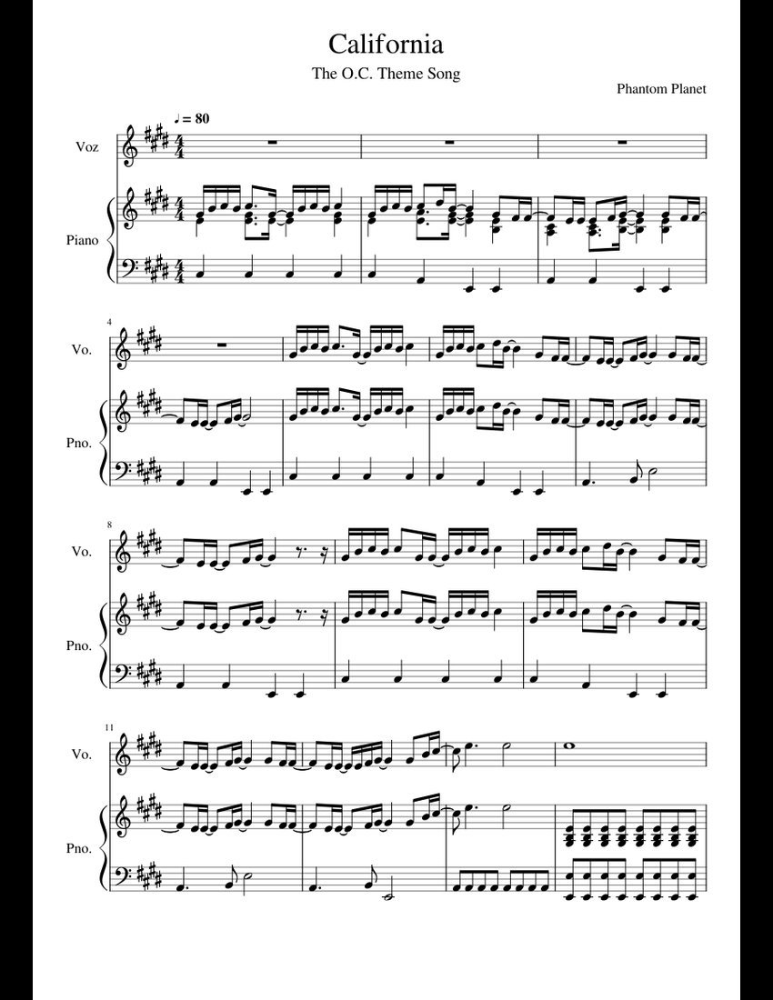California Phantom Planet sheet music for Piano, Voice download free in ...