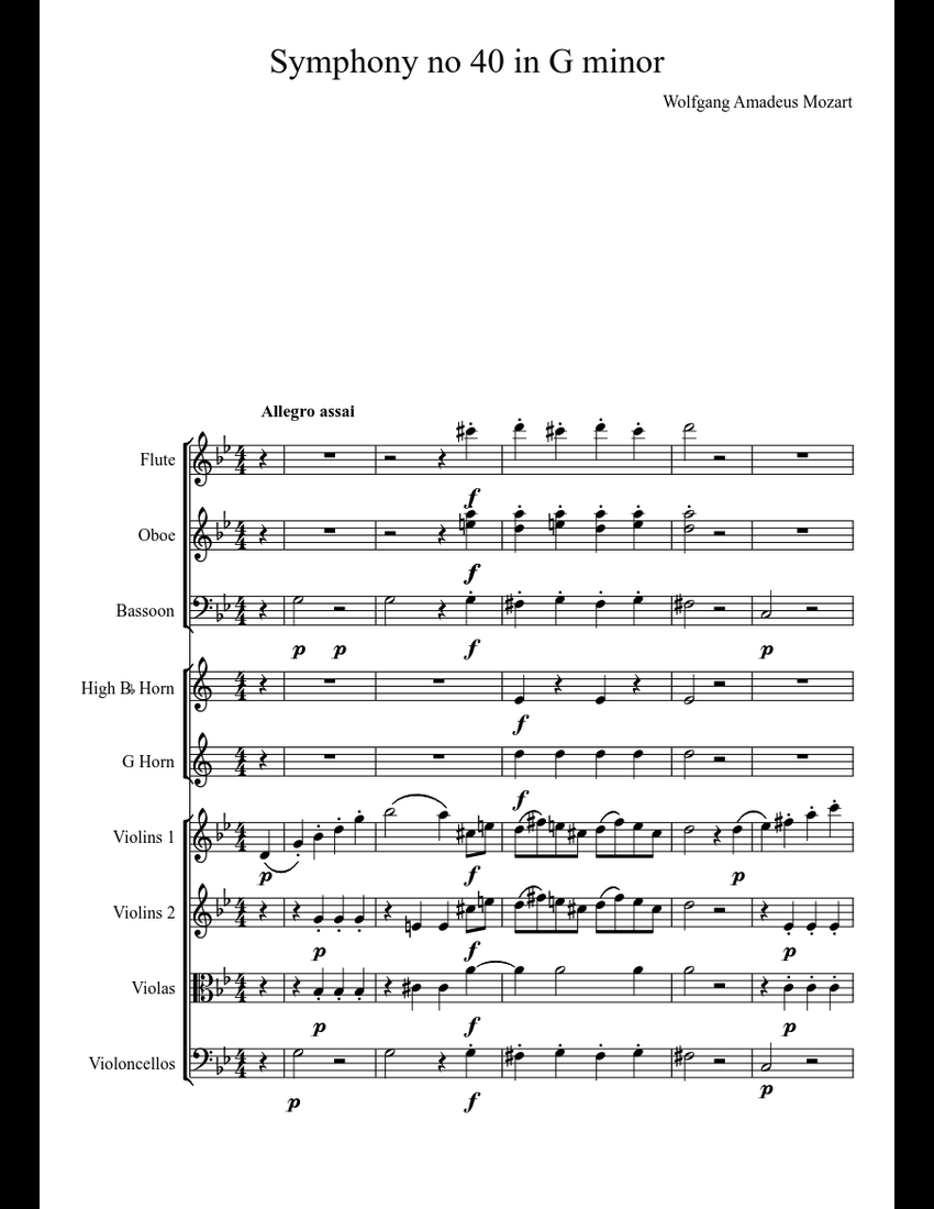 Mozart-Symphony no 40 in G minor 4th movement sheet music for Flute, Oboe, Bassoon, French Horn ...