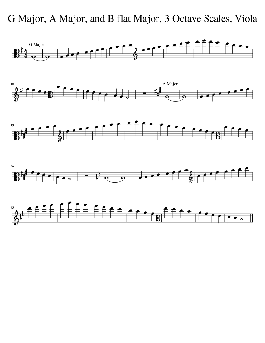 G Major, A Major, and B flat Major, 3 Octave Scales, Viola Sheet music ...