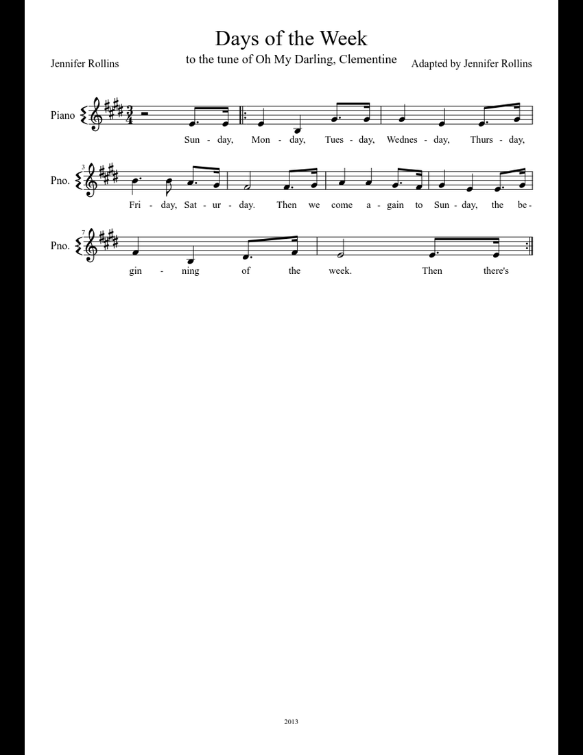 Days of the Week sheet music download free in PDF or MIDI