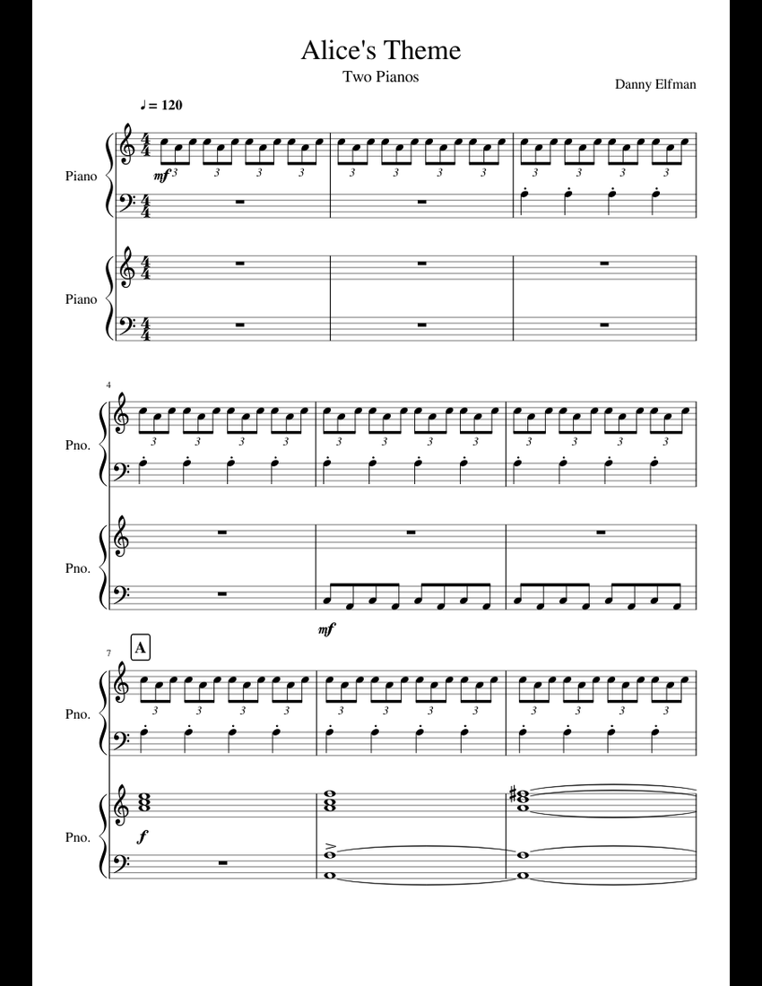 Alice's Theme (Two Pianos) | Alice in Wonderland sheet music for Piano ...