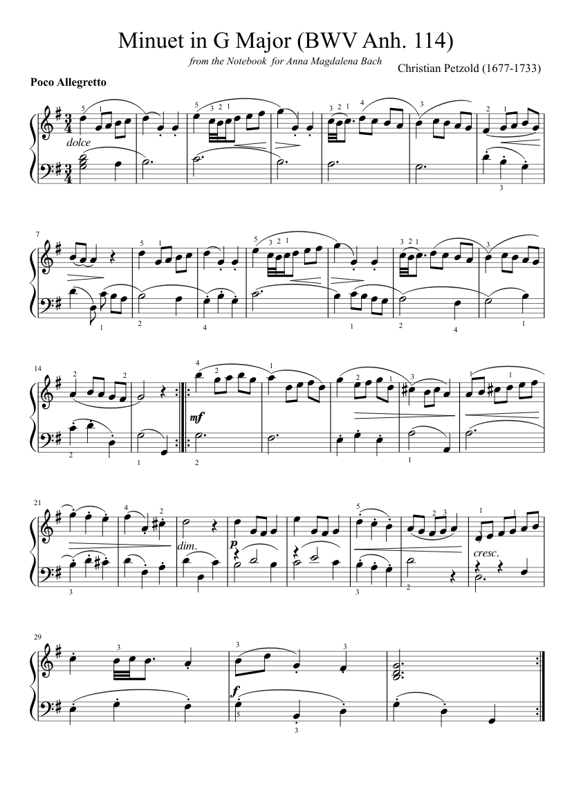 Minuet in G Major (BWV Anh. 114) sheet music for Piano download free in PDF or MIDI