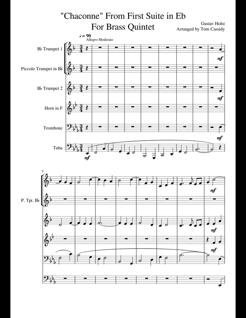 Chaconne From First Suite in Eb by Gustav Holst for Brass Quintet sheet ...