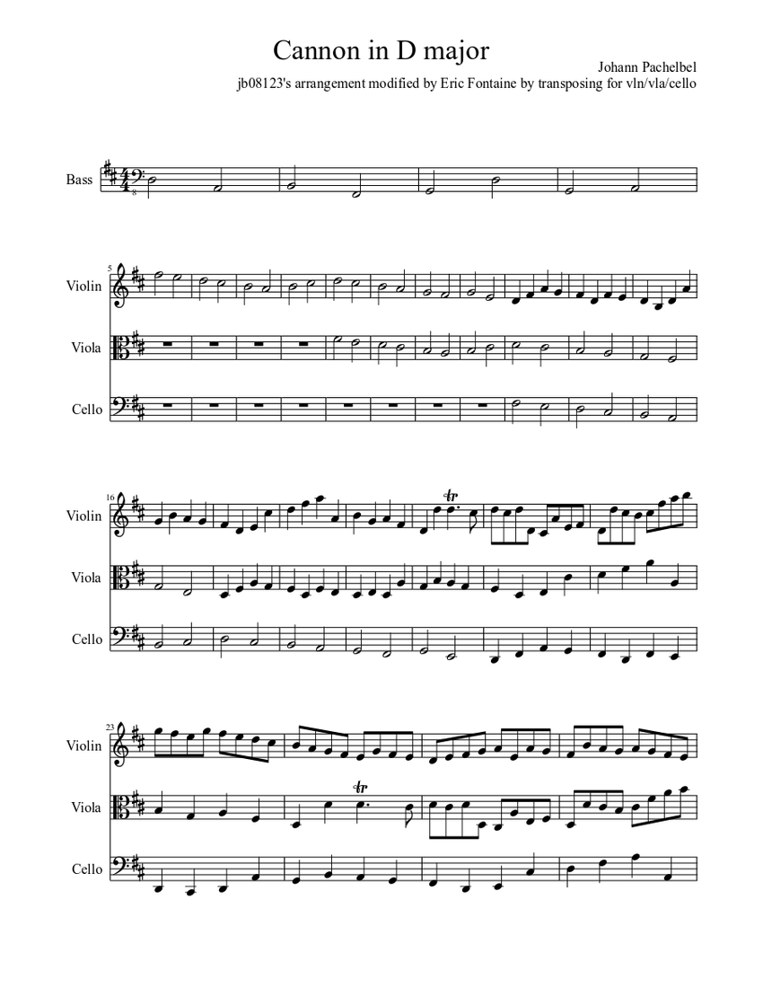 Canon in D major (vln/vla/cello+bass) Sheet music | Download free in ...