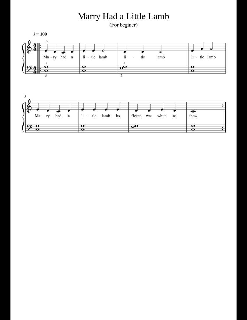 Mary had a little lamb sheet music for Piano download free in PDF or MIDI