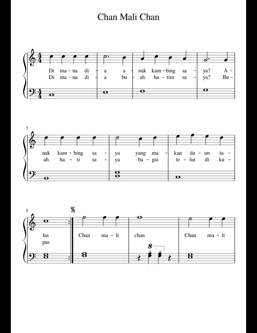 Chan Mali Chan sheet music for Piano download free in PDF or MIDI