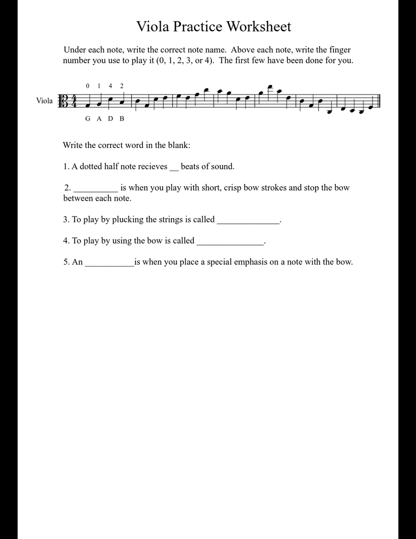 Viola Practice Worksheet sheet music download free in PDF or MIDI