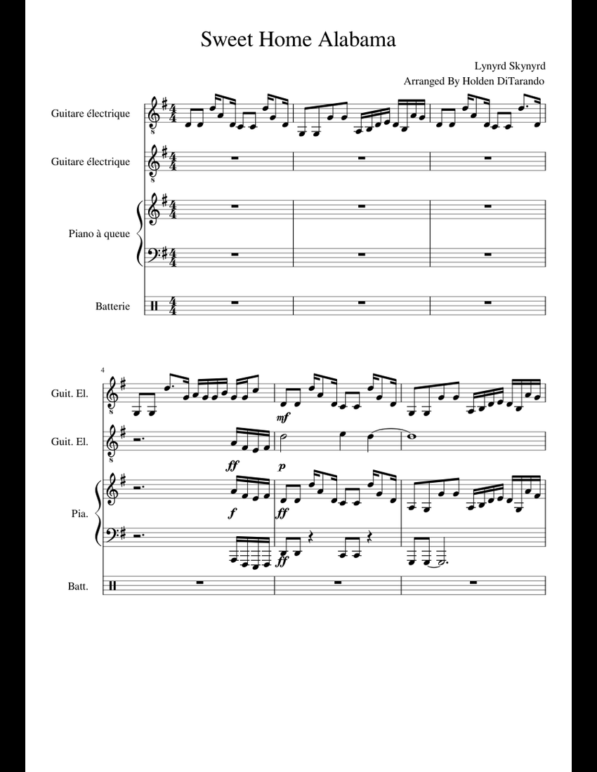 Sweet Home Alabama sheet music for Piano, Guitar, Percussion download free in PDF or MIDI