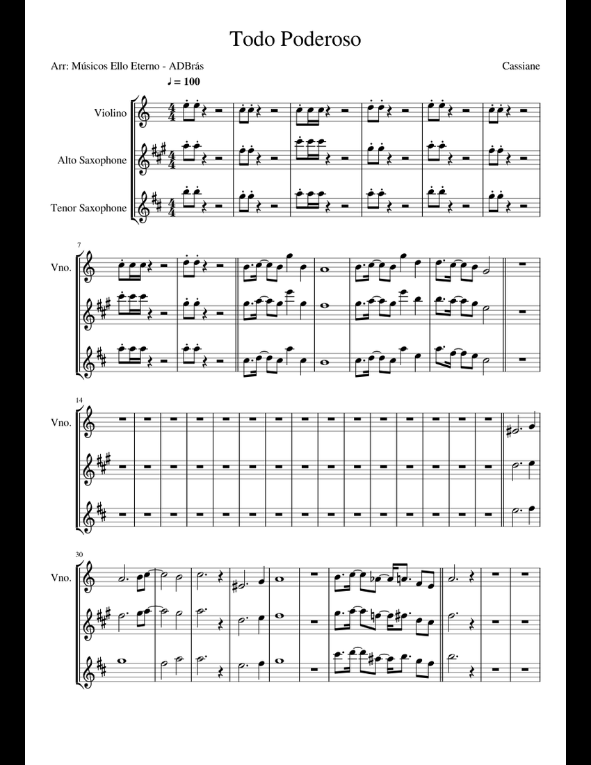 Todo Poderoso sheet music for Violin, Alto Saxophone, Tenor Saxophone ...