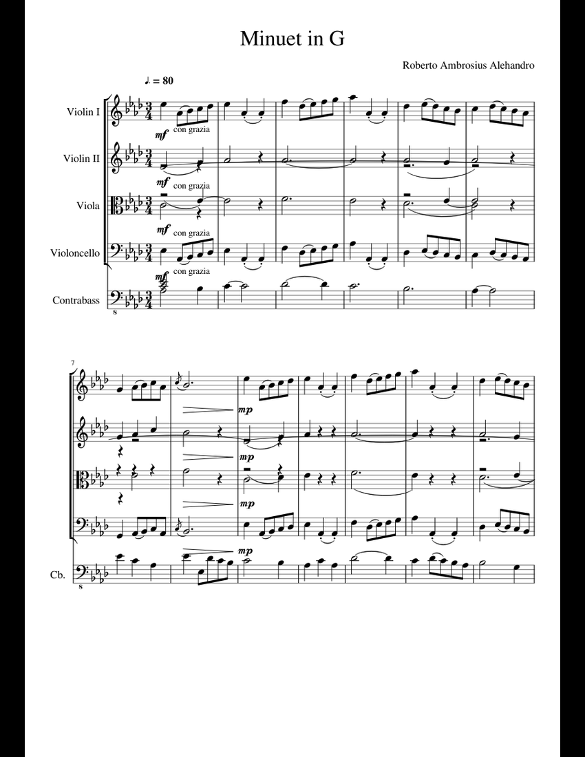 Minuet in As sheet music for Violin, Viola, Cello, Contrabass download ...