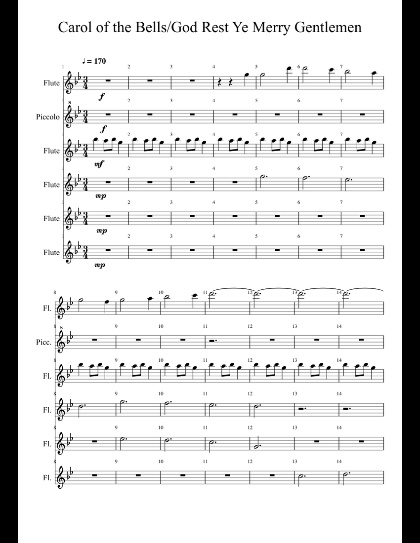 Carol of the Bells/God Rest Ye Merry Gentlemen sheet music for Flute ...
