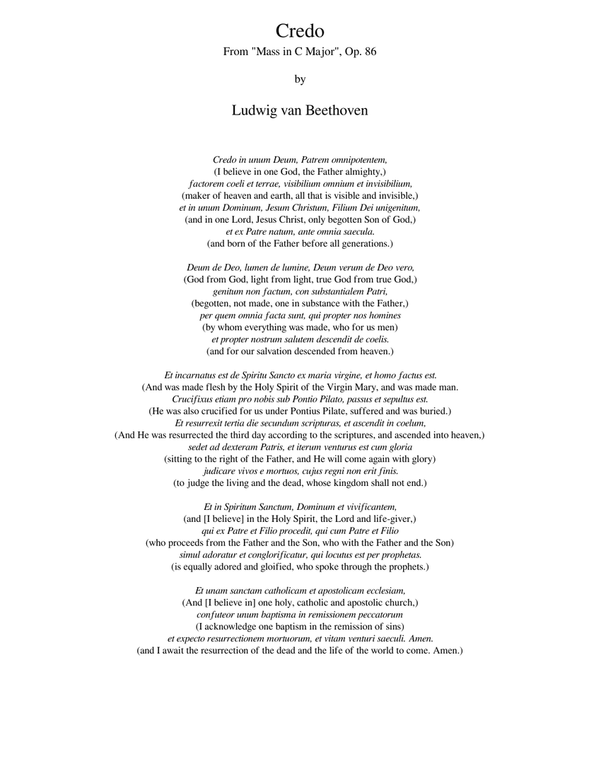 Beethoven Credo from Mass in C Major (full score) sheet music for Flute ...