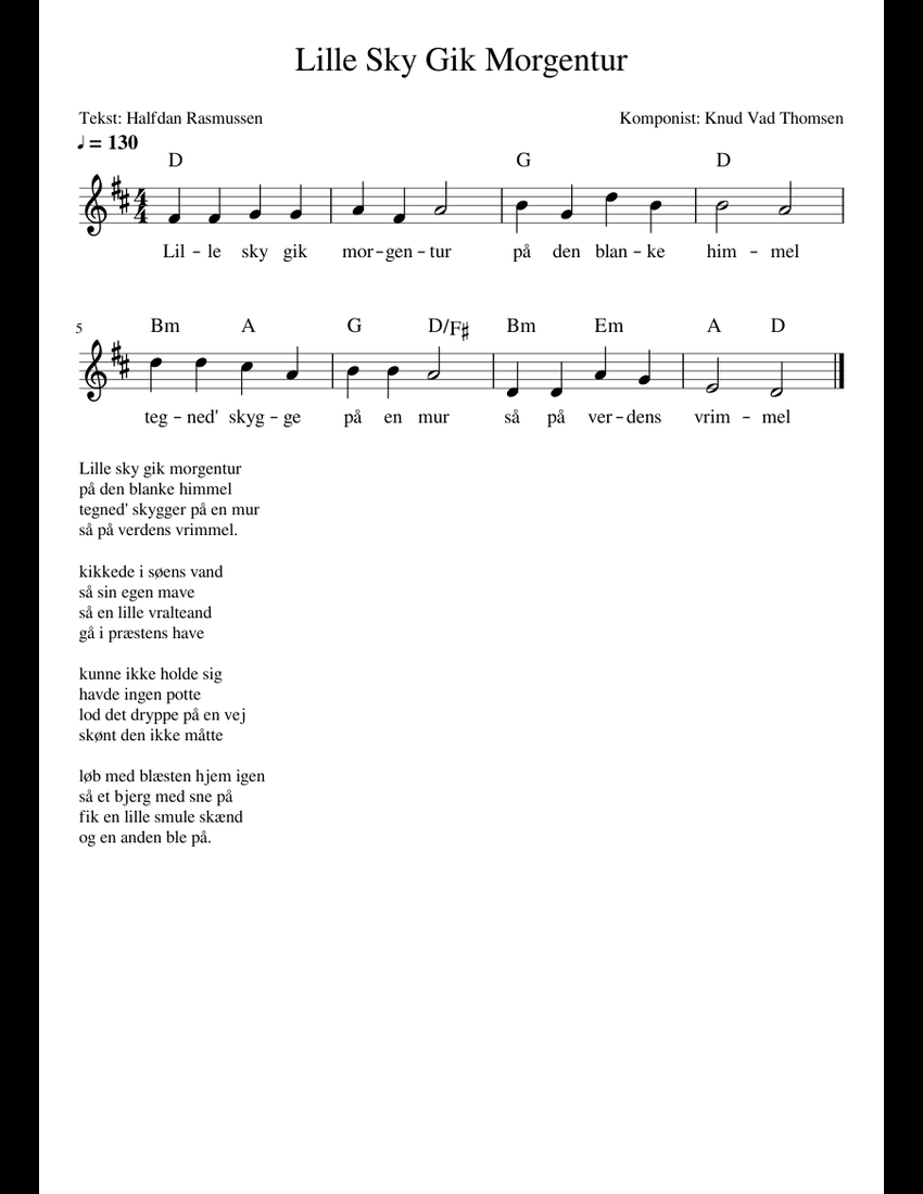 Lille Sky Gik Morgentur sheet music for Percussion download free in PDF ...