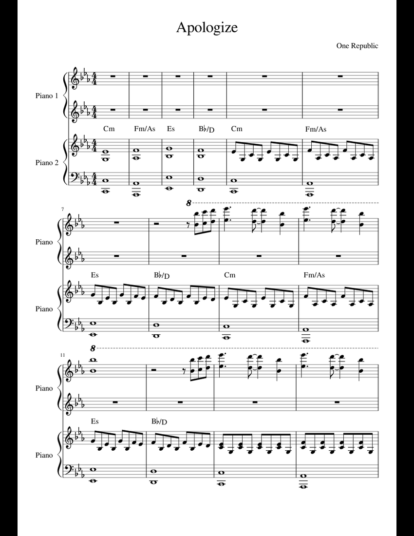 Apologize sheet music for Piano download free in PDF or MIDI