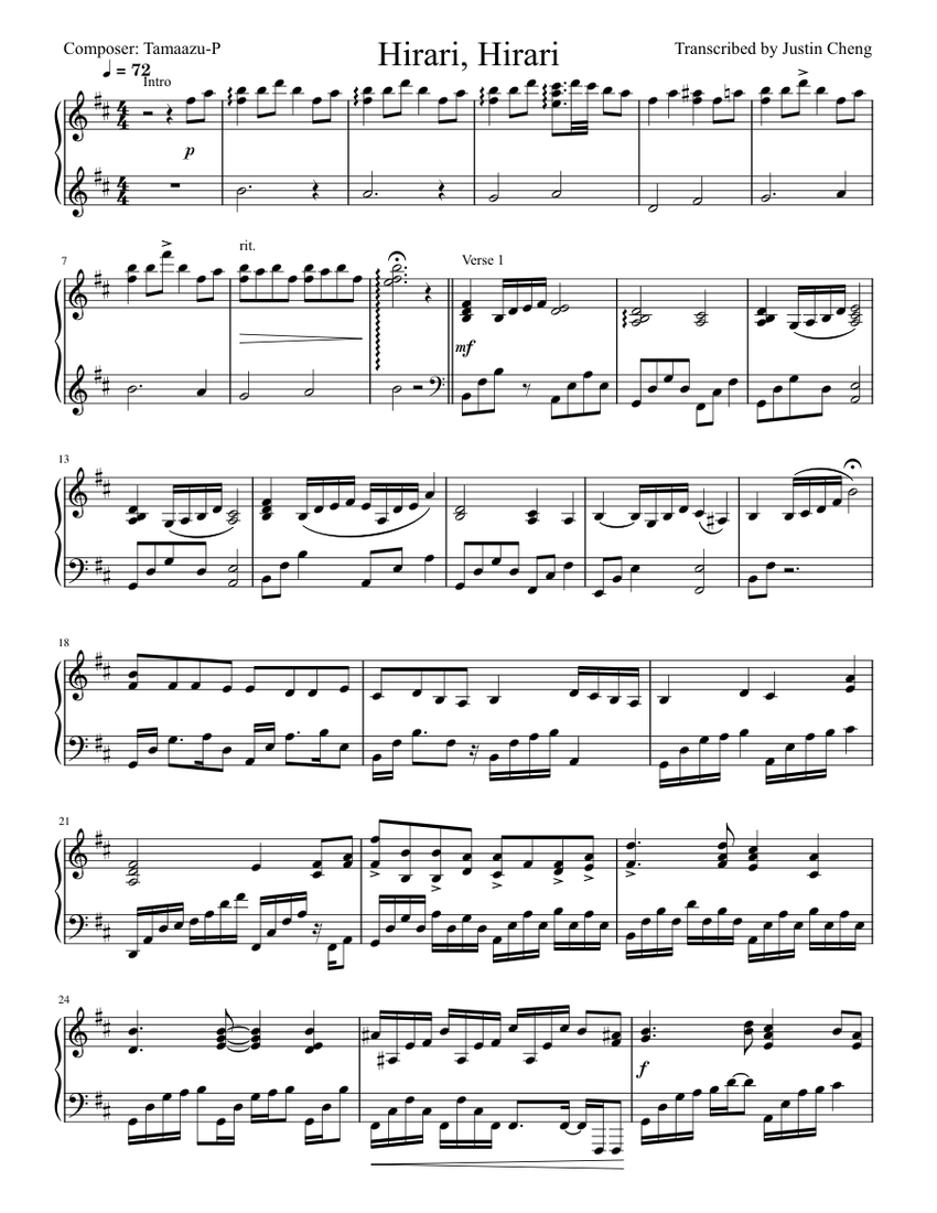 Hirari, Hirari sheet music for Piano download free in PDF or MIDI