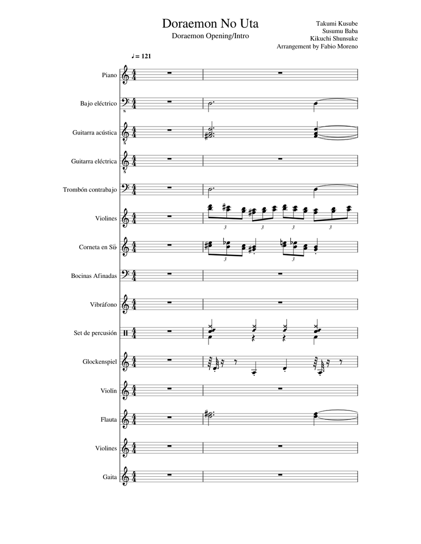 Doraemon No Uta Sheet music for Piano, Flute, Bass, Guitar | Download ...