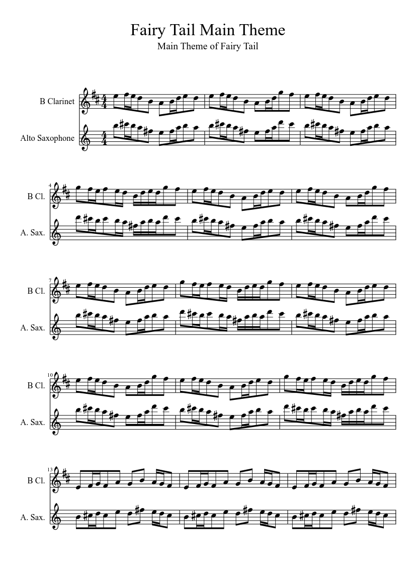 Fairy Tail Main Theme: Clarinet and Alto Sax sheet music for Clarinet ...
