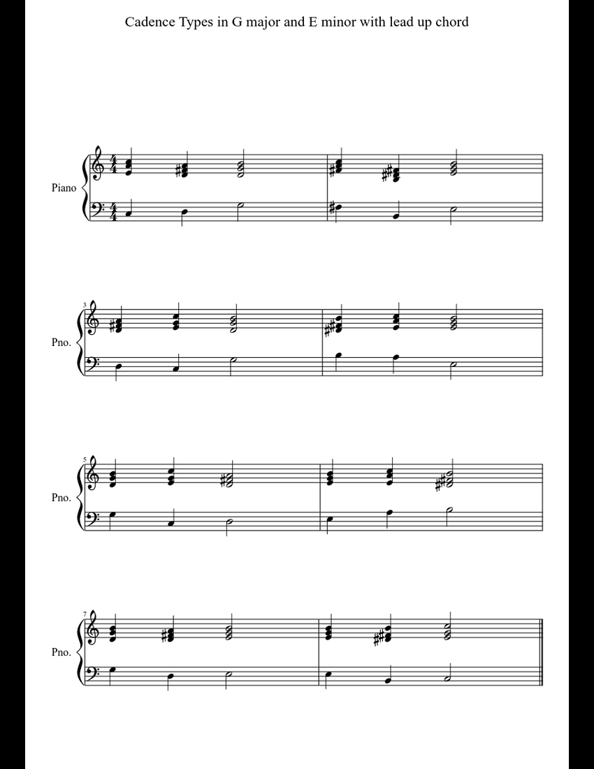 Cadence Types in G major and E minor with lead up chord sheet music ...
